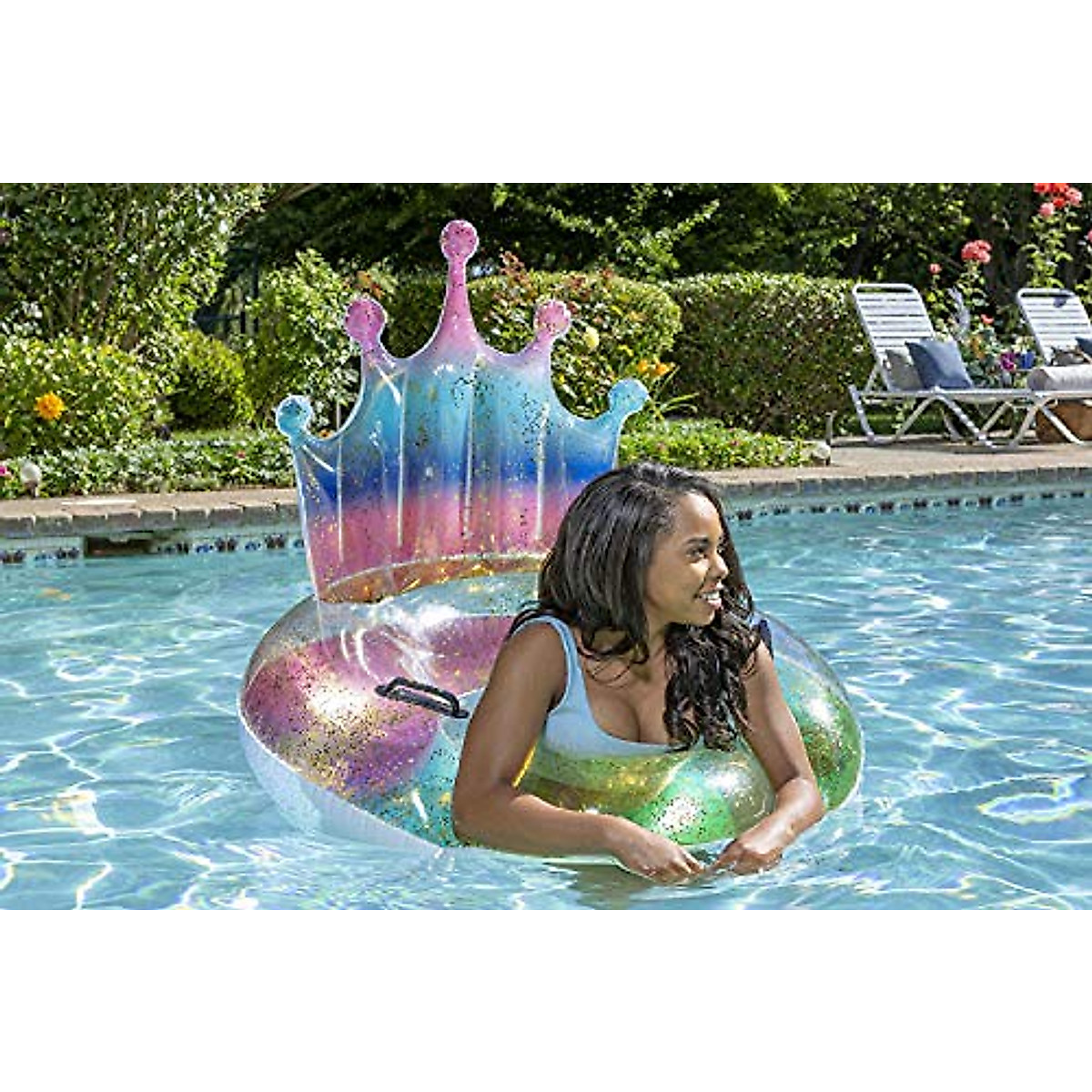 Poolmaster Swimming Pool Float Rainbow Glitter Tiara Tube, Multi Large