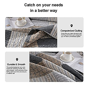PANGUSHAN 100% Cotton Quilt Set Queen Size,Patchwork Plaid Queen Quilt Bedding Set Bedspreads,Farmhouse Lightweight Comforter,Grey/Gray/Black/Tan/White/Cream Reversible Quilt for Queen Bed,3 Pieces