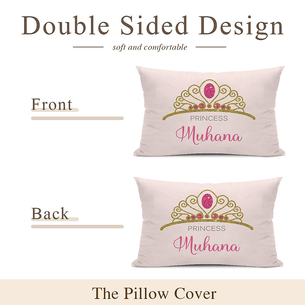 Personalized Princess Crown Pillowcase with Names Custom Text Printed Fun Bedroom Decor Pillow Cover for Children Girls Boys Men Women