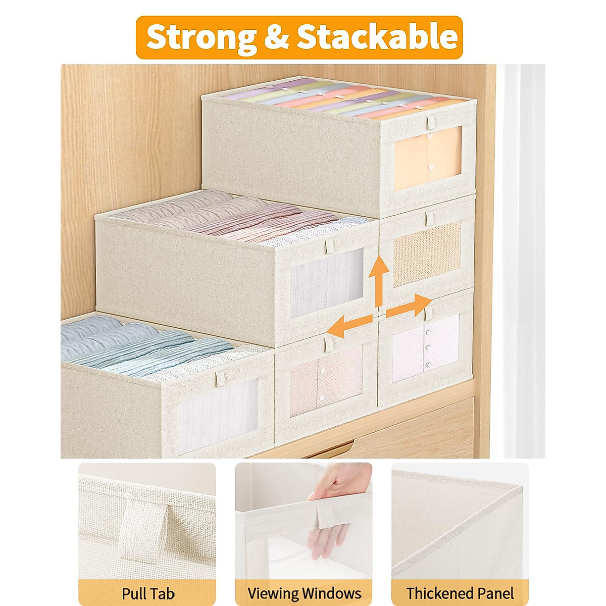 WINSTECK 4 Pack Linen Closet Organizers and Storage Bins, Storage Containers with Clear Window, Large Storage Boxes Baskets for Organizing Clothing, Jeans, Toys, Books, Shelves, Closet, Wardrobe