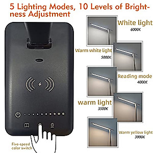 LED Desk Lamp with Wireless Charger, USB Charging Port, Table Lamp with 5 Lighting Modes & 10 Brightness Levels, Touch Control, Auto Timer, Dimmable Desk Light for Home Office (Black)