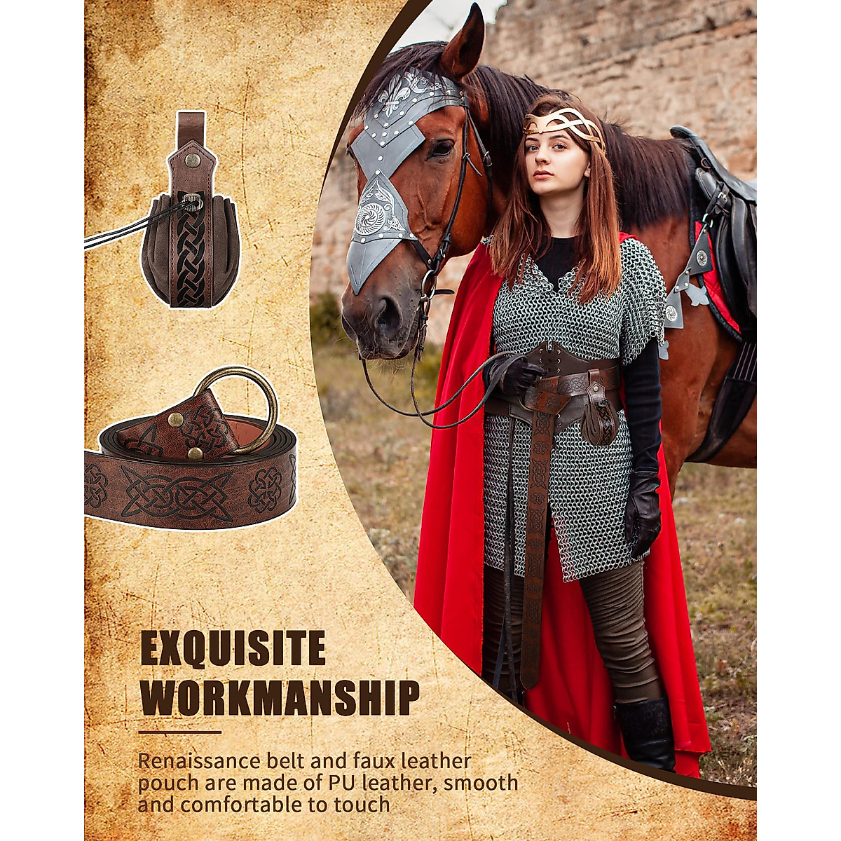 Jiuguva Women's Renaissance Corset Waist Belt Medieval Viking Belt Medieval Leather Belt Pouch Costume Accessories