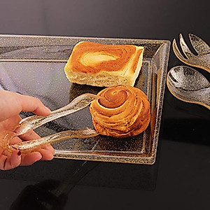 WELLIFE 24 Pack Plastic Gold Glitter Serving Tray with Disposable Utensils, 6 Rectangle Platter 15” x 10”, 6 Serving Spoons 10”, 6 Serving Forks 10”, 6 Serving Tongs 6.3”, Perfect for Buffet & Partie