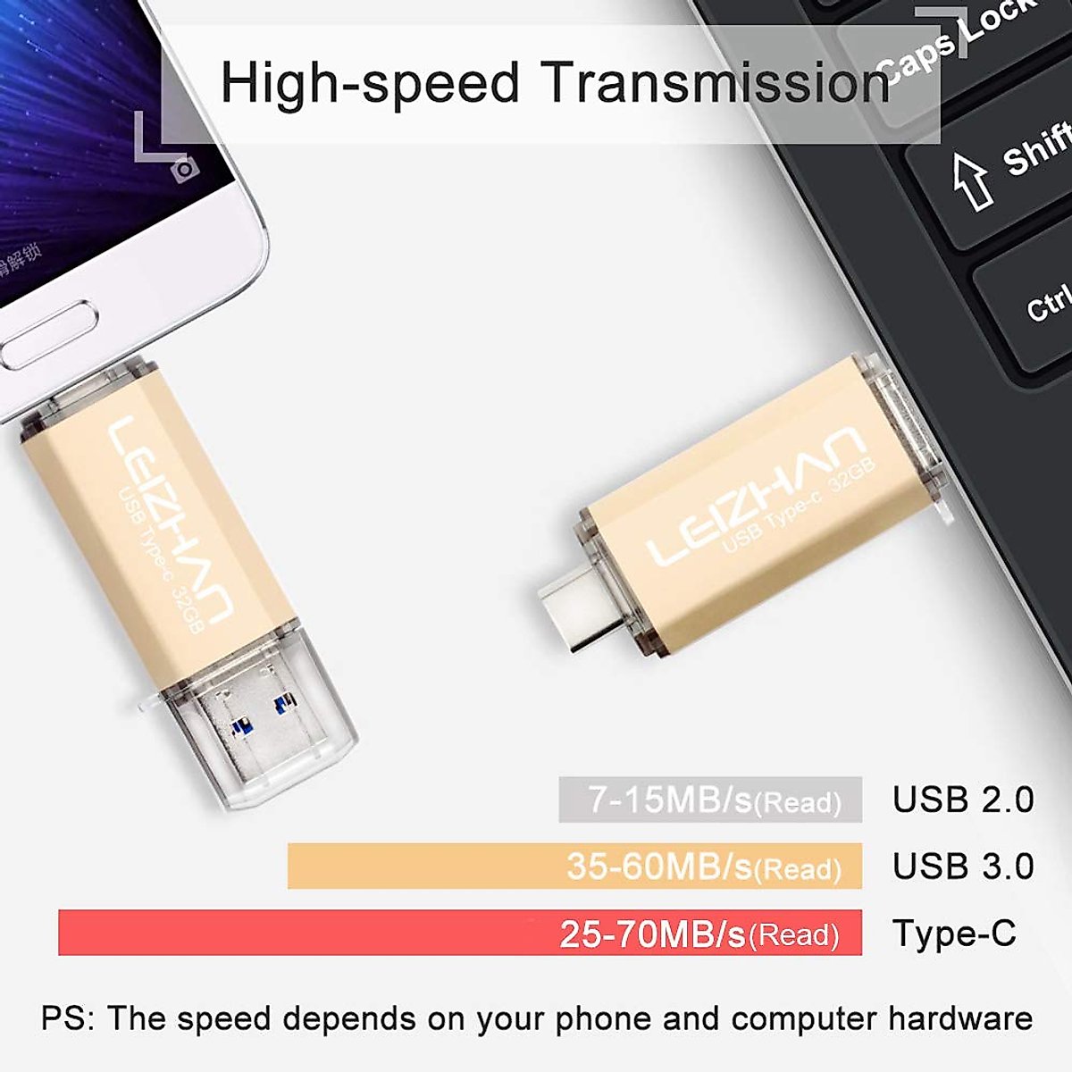 leizhan USB C Flash Drive 32GB, Photostick for Type C Smartphones, Samsung Galaxy S10,S9, S8,S8 Plus,Google Pixel XL, with USB OTG Adapter Micro and Type-C USB to USB Converter