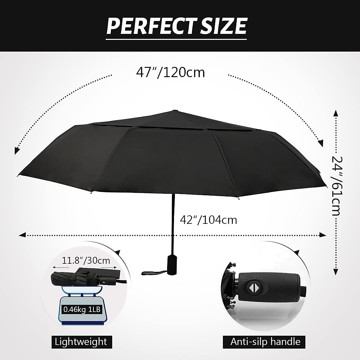 LLanxiry Umbrella Windproof Travel Umbrellas for Rain Black Folding Umbrellas 10 RIBS Automatic Strong Portable Wind Resistant Backpack Umbrella for Men and Women (Black)