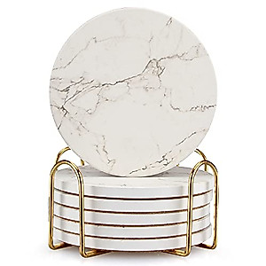 6 Pcs White Marble Coaster Set with Holder Best Absorbent Coasters Drink Coasters Ceramic Bar Coasters Wine Cute Stone Coasters Thirstysone Table Cup Modern Coasters