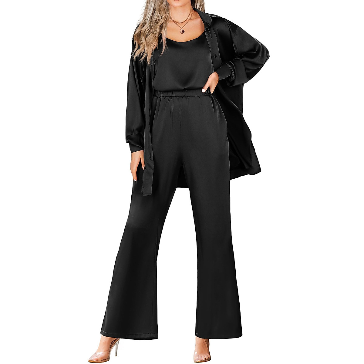 Ekouaer Womens Silk 3 Piece Pajamas Satin Camisole Sleepwear Set Button Down Long Sleeve Pjs with Pants, Large Black