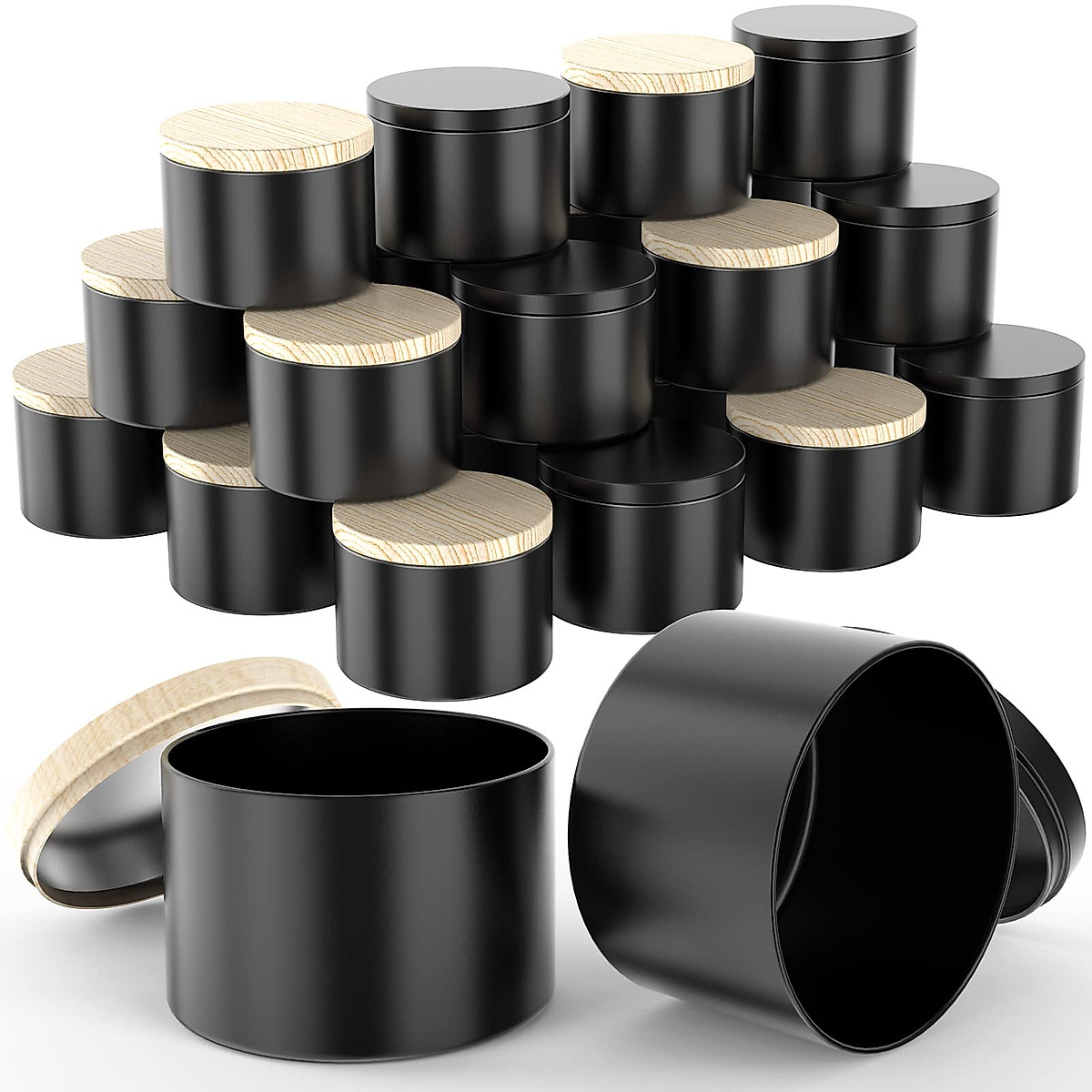 Upgraded 24 Pack Candle Tins 8 oz with Lids, Bulk Empty Candle Jars for Making Candles, Premium Metal Candle Containers, Round Candle Vessels Kit for Adults DIY Candle Making (Black and Wood Grain)