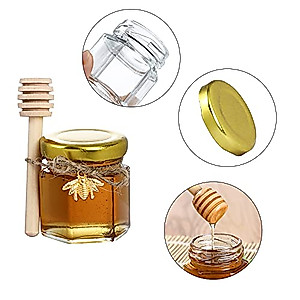 1.5 oz Hexagon Mini Glass Honey Jars -30Pack Honey Jars with Wood Dipper, Gold Lid, Bee Pendants, Jutes - Perfect for Baby Shower, Wedding Favors, Party Favors