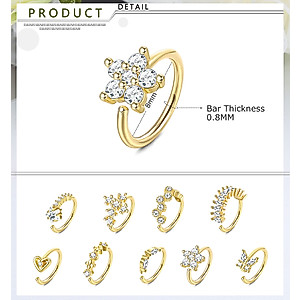 Drperfect 20G Stainless Steel Nose Ring Hoop for Women Men Paved CZ Butterfly Flower Heart Star Cross Cartilage Helix Tragus Earring Hoop Piercing for Nose Ear Silver Gold Rose Gold Black Plated