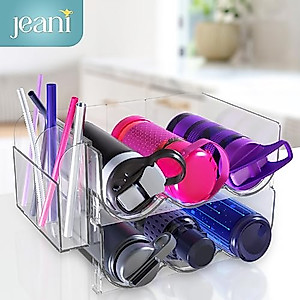 Jeani 2 Tiered Acrylic Water Bottle Organizer - Stackable Water Bottle Storage Rack with Attachable Side Bin - Multipurpose Water Bottle Shelf, Tumbler Organizer for Kitchen Cabinets, Pantry and More