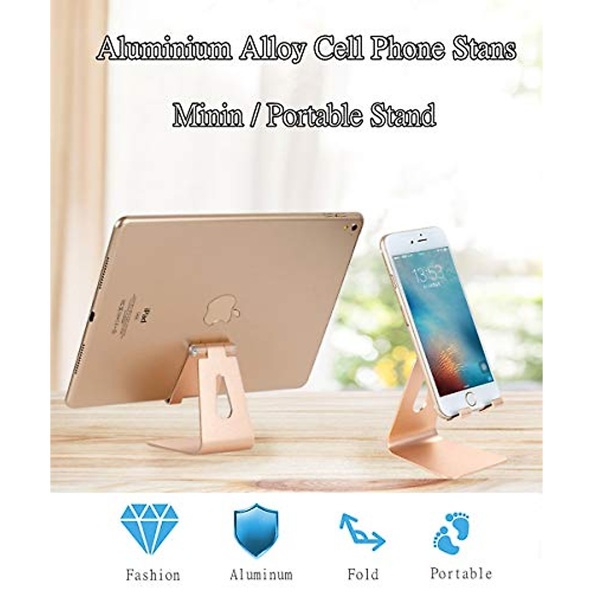 Cell Phone Stand Holder Aluminum Phone Deck Cradle, Adjustable Desktop Stand Compatible with iPhone 14 13 12 11 Pro MAX Mini，iPad Mini, Other Smart Phone (Glod)