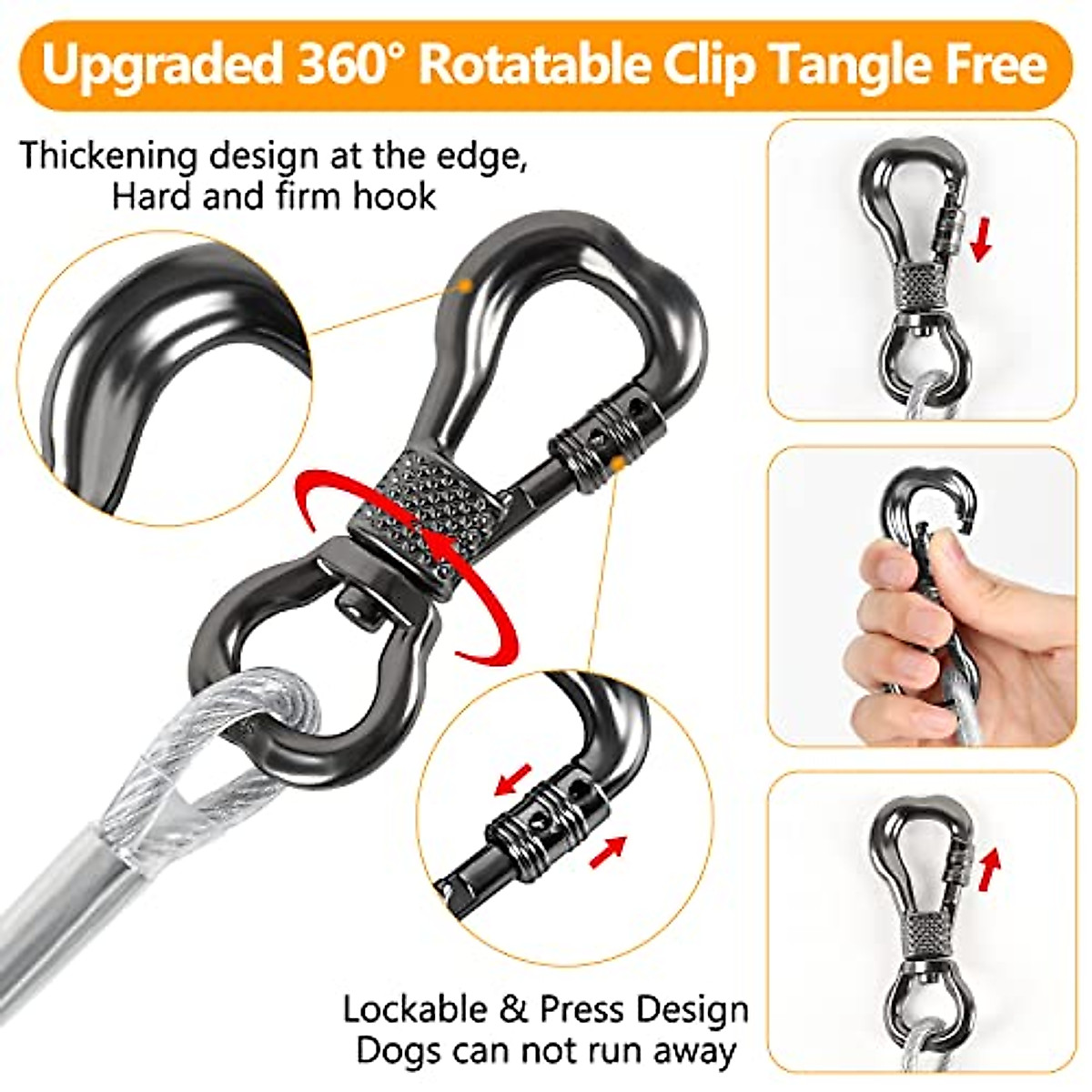 Tresbro 15FT Reflective Dog Tie Out Cable for Dogs Up to 250 Pounds, Steel Wire Dog Leash Cable with Stainless Rotatable Buckle, Lightweight and Durable, Dog Chains Outside for Outdoor,Yard,Camping