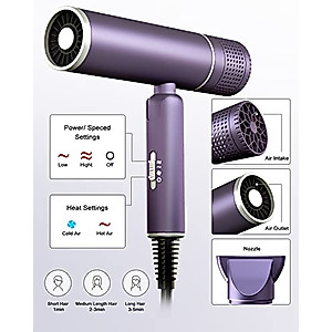 7MAGIC Foldable Hair Dryer, Powerful Ionic Blow Dryer for Fast Drying, Travel Hair Blow Dryer with Storage Bag, Lightweight Portable Hairdryer for Women, Cold/2 Heating/2 Speed Settings, Purple