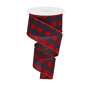 Flannel Check Plaid Wired Edge Ribbon, 10 Yards (Red, Navy, 2.5")