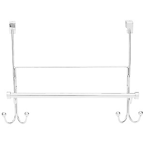 Home Basics Over The Door Towel Bar with Hooks | Made from Steel | Long Center Bar | Fits Most Standard Doors | (Chrome)