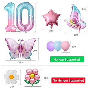 17pcs Girl's Ten Birthday Digital Butterfly Balloon Set Colorful Gradient Pink Butterfly Foil Balloon Giant Number 10 Balloon Flower Party Decorations
