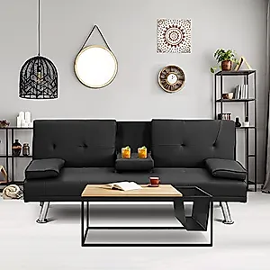 Antetek Futon Sofa Bed, Modern Convertible Upholstered Faux Leather Loveseat Sleeper Sofa Couch w/7 Adjustable Positions, Cup Holder for Living Room, Bedroom, Studio, Office, Black