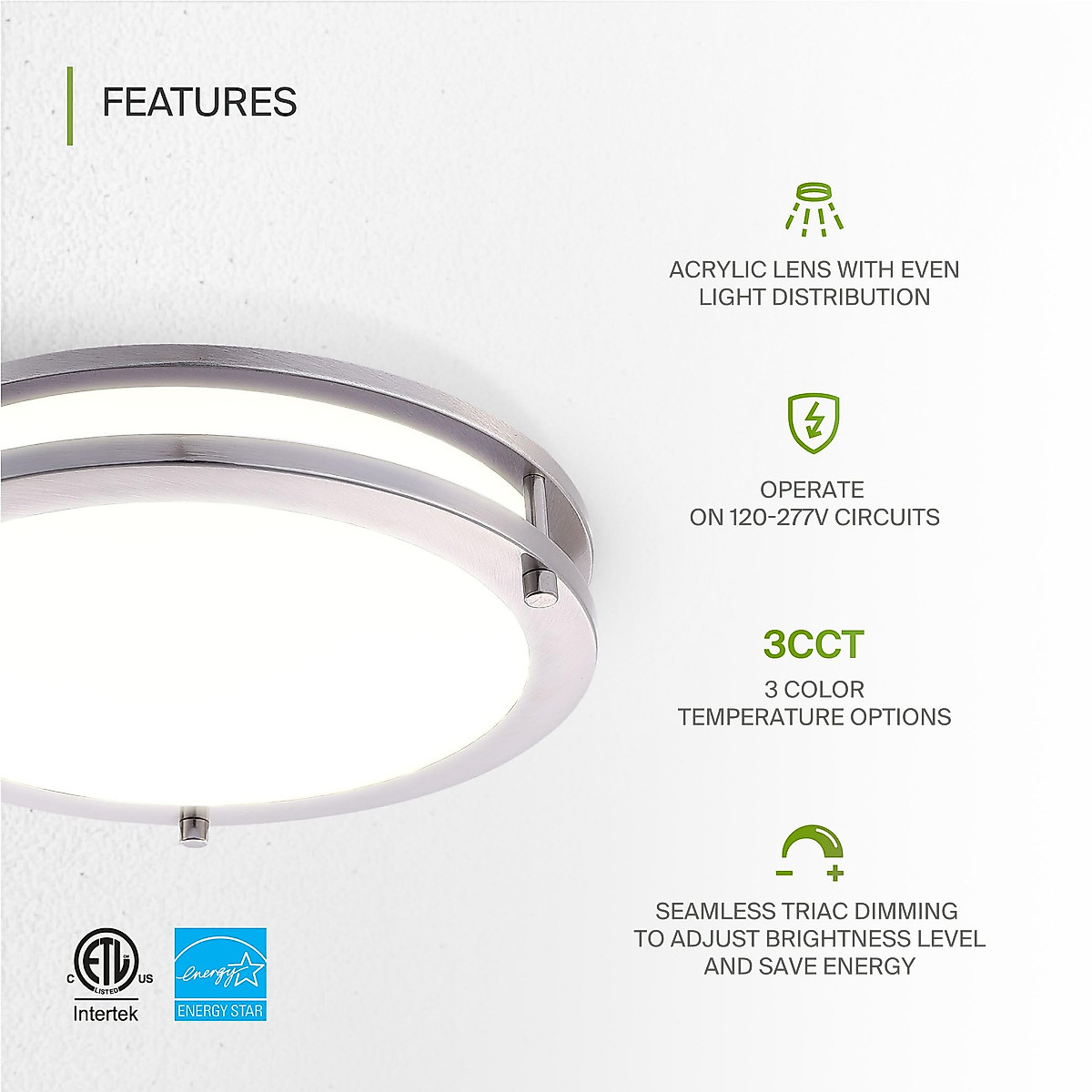 ASD LED 12 Inch Round Flush Mount Light Fixture | 20W 1600LM 3000K-5000K 100-277V | 3CCT, Dimmable, Energy Star, ETL Listed | Close to Ceiling Double Ring Lamp, Low Profile Lighting | Nickel