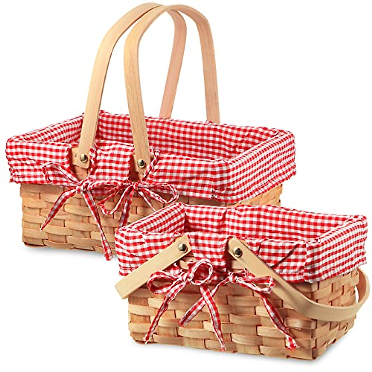 2 Pieces Different Sizes Picnic Baskets Natural Woven Basket with Double Folding Handles, Woodchip Basket Easter Basket for Easter Egg Candy Halloween Children's Toy Storage (Red and White)