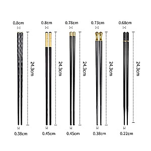 Chopsticks Reusable Dishwasher Safe, 9.6 inch/24.3cm Matte Non-Slip Japanese Chinese Chop Sticks, Fiberglass, Black&Gold-5 Pairs