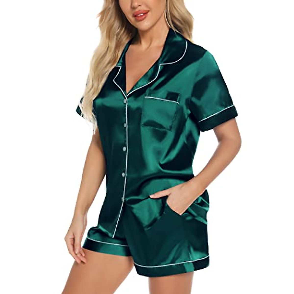 Pjmlifecoco Silk Pajama Set for Women Short Sleeve Sleepwear Soft Silk Pajama Set Bridesmaid Pjs Green