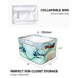 Qumstemily Marble Storage Bins for Shelves, Jade Texture Green Teal Collapsible Storage Boxes Basket for Bedroom/Kitchen, Closet Organizers with Handle, Marble Ink Paint Storage Cubes - 2 Pack