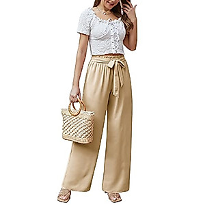 Feiersi Women Casual Wide Leg Pants High Waisted Business Work Casual Pants Loose Flowy Beach Palazzo Pants(Khaki,Small)