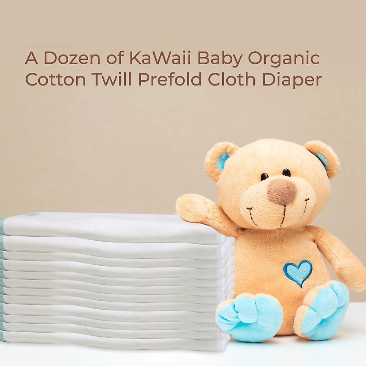 KaWaii Baby Prefold Cloth Diaper, Organic Cotton Twill, 4 x 6 x 4 ply DSQ Quality Washable & Reusable (10-36 lbs) White - 12-Count