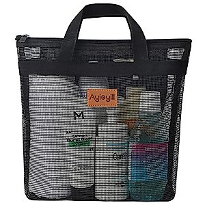 KPX Shower Caddy Mesh Tote Bag, Mesh Shower Bag, Quick Dry Toiletry Bath Bag Portable, Hanging Bath Organizer for College Dorm,Beach, Gym, Swimming, Yoga and Travel (1pcs, Black)