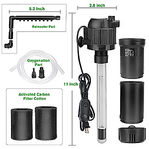 hygger 4-in-1 Submersible U-V Filter Pump, Internal Green Water Killer with Timer, 210GPH 8W Adjustable Fish Tank Filter, Increase Oxygen for 40-80 Gallon Aquarium Tank