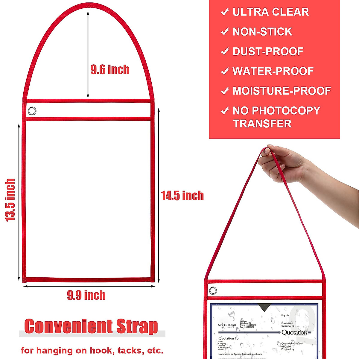 50 Pack Job Ticket Holders Work Order Holder Pockets for 9 x 12 Inch Hanging Sleeve Plastic Shop Ticket Holders with Strap, Both Sides Clear(Red)