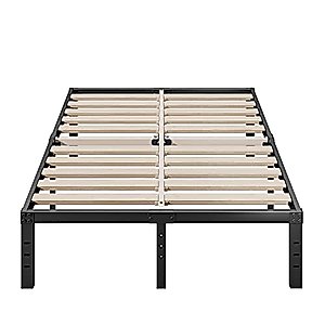 Cleaniago Full Size Bed Frame, Extra Sturdy and 3" Wide Wooden Slats with Better Support for Mattress, No Sag, No Slip, No Box Spring Needed, Noise Free, Anti-Slip, Easy Assembly, Black