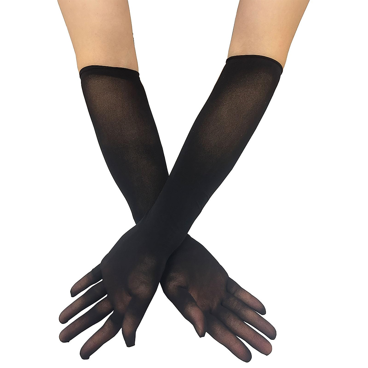 KKmeter Women's Seamless Nylon Mesh Ultra-thin Sheer Opera Length Glove Mittens (Black)