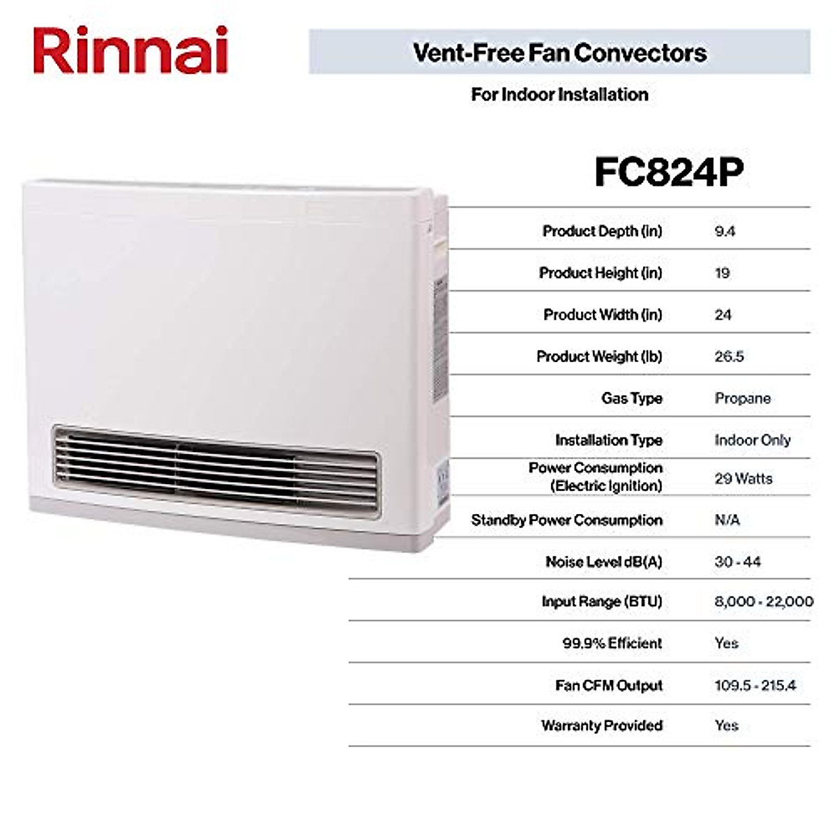 Rinnai FC824P Ventless Propane Heater, Energy-Efficient Space Heater with Programmable Thermostat