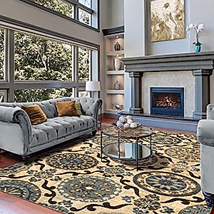 SUPERIOR Abner Collection Area Rug, 10mm Pile Height with Jute Backing, Fashionable and Affordable Rugs, Beautiful Scrolling Medallion Pattern - 5' x 8' Rug, Cream with Blue and Beige