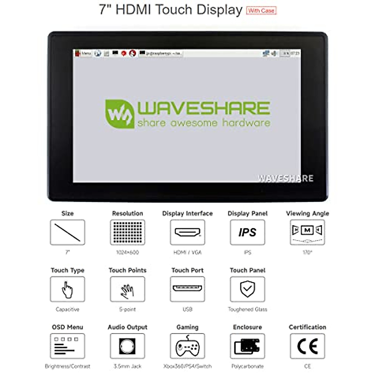 Waveshare 7inch Capacitive Touch Screen LCD (H) with Case, Compatible with Raspberry Pi 5/4B/3B/Zero/Zero W/Zero 2W/Pico/Pico W/Pico WH, 1024×600, HDMI, IPS