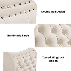 HOSTACK King Bed Frame, 55" Headboard Upholstered Bed with Tall Footbaord, Velvet Handmade Pleats Deep Button Tufted Wingback Platform Bed, No Box Spring Required/Wood Slat Support/Beige