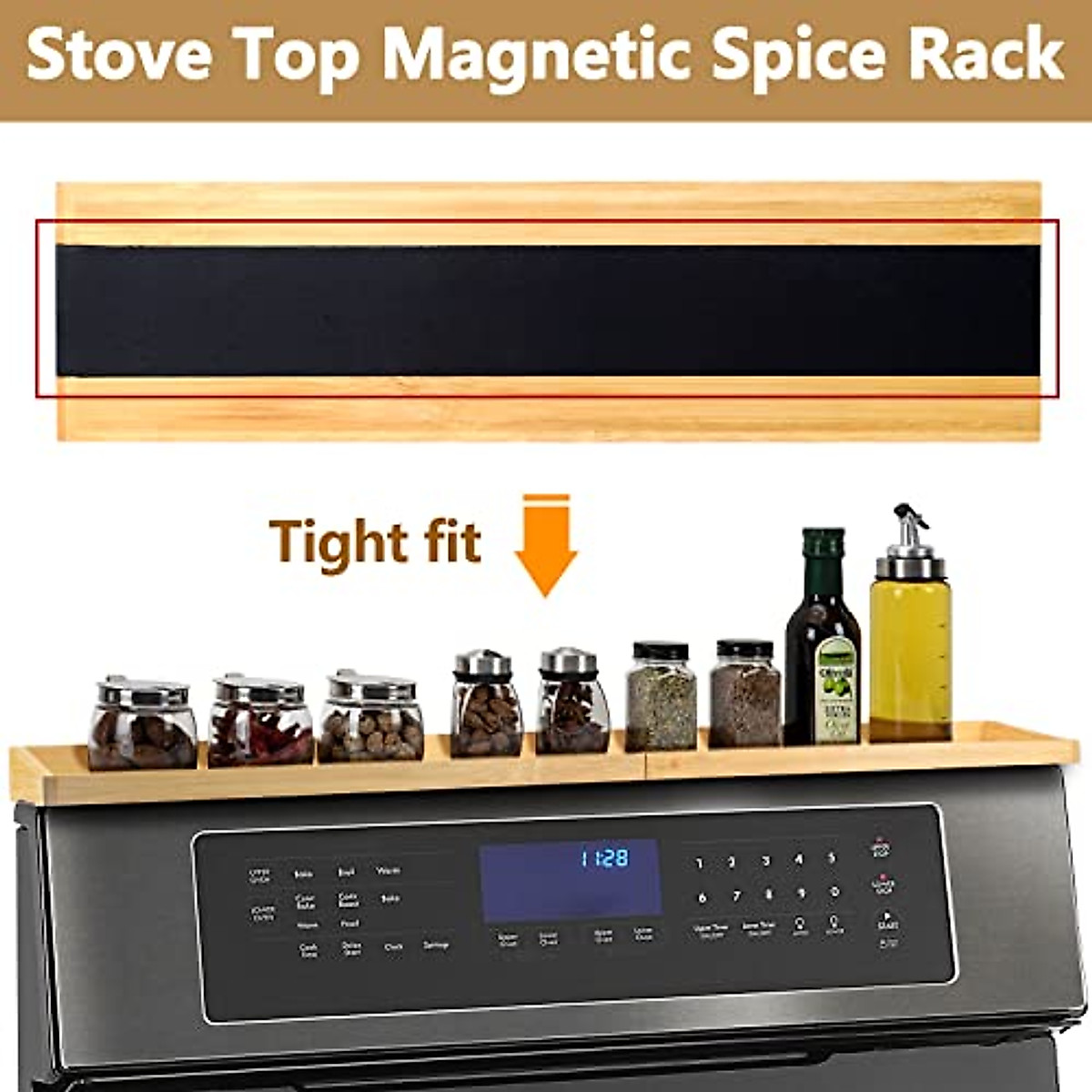 Magnetic Stovetop Shelf, Bamboo Stove Shlef Rack for Spice Storage, Over Stove Top Shelf Organizer for Kitchen, Natural Over Stovetop Oven Shelf Spice Rack Above The Stove 15" X 2 Pack, 30" Length