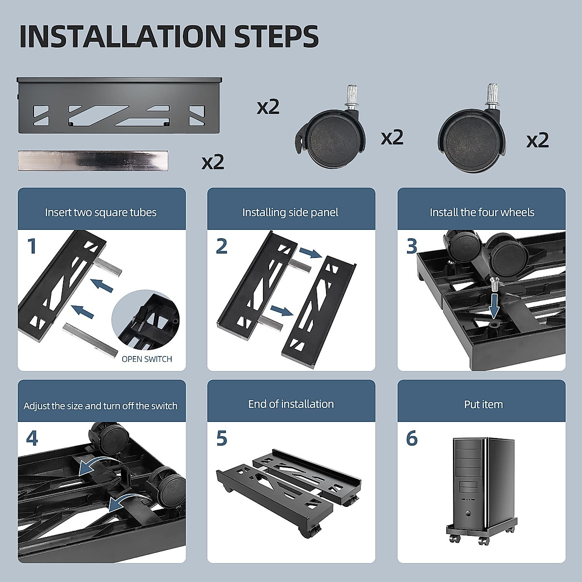 Adjustable Mobile CPU Stand, Ventilated Computer Tower Stand PC Tower Stand with 4 Caster Wheels Fits Most PC, Under Desk CPU Holder PC Floor Cart PC Riser for Gamers and Students (Black)