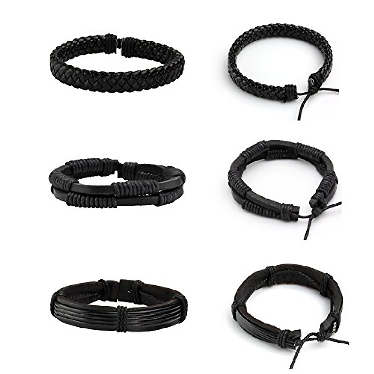 MILAKOO 6 Pcs Black Braided Leather Bracelets for Men Women Cuff Wrap Wristbands