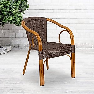 EMMA + OLIVER Dark Brown Rattan Patio Chair with Red Bamboo-Aluminum Frame