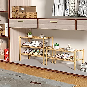 ROMGUAR CRAFT 3 Tier Bamboo Shoe Rack for Closet Free Standing Wood Shoe Shelf for Entryway Small Space Stackable 27"x11"x20" (Natural)