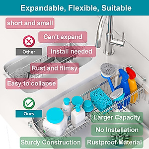 FavoThings Over The Kitchen Sink Caddy Sponge Holder Organizer Drying Rack Expandable for Sponge Brush Soap Dish Cloth Rag 14.5" to 22", Stainless Steel