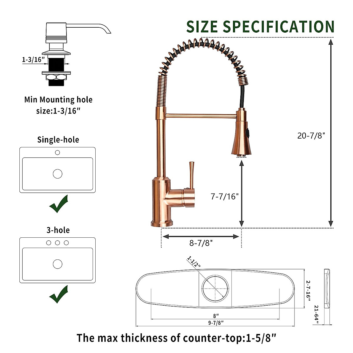 Copper Pre-Rinse Spring Kitchen Faucet with Soap Dispenser, Single Handle Solid Brass High Arc Pull Down Sprayer Head Kitchen Sink Faucets with Deck Plate
