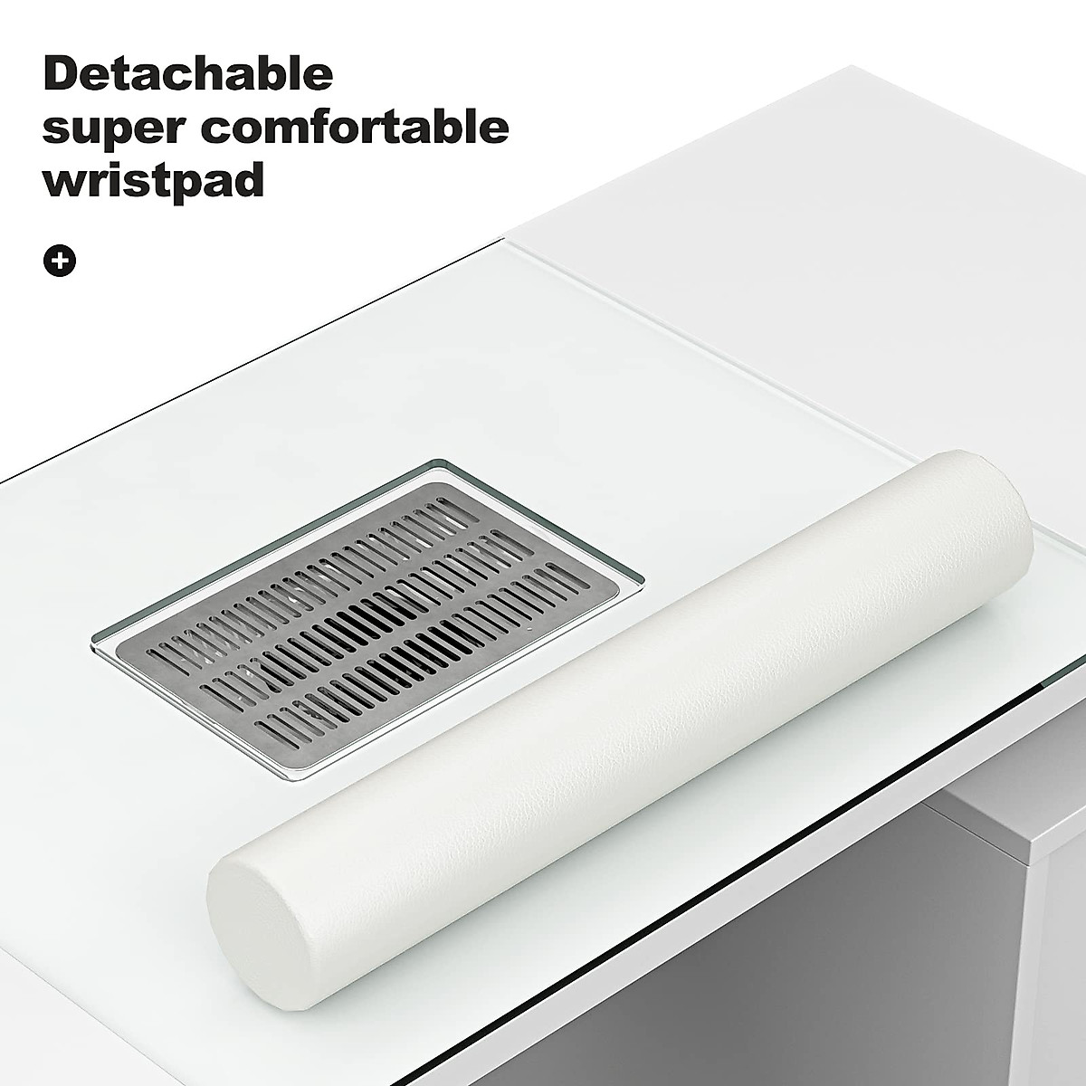 Paddie Manicure Table, Glass Top Nail Makeup Desk Nail Table Station for Nail Tech w/Electric Downdraft Vent, Wrist Cushion, Lockable Wheels, Storage Drawers, Wooden Handles (White)