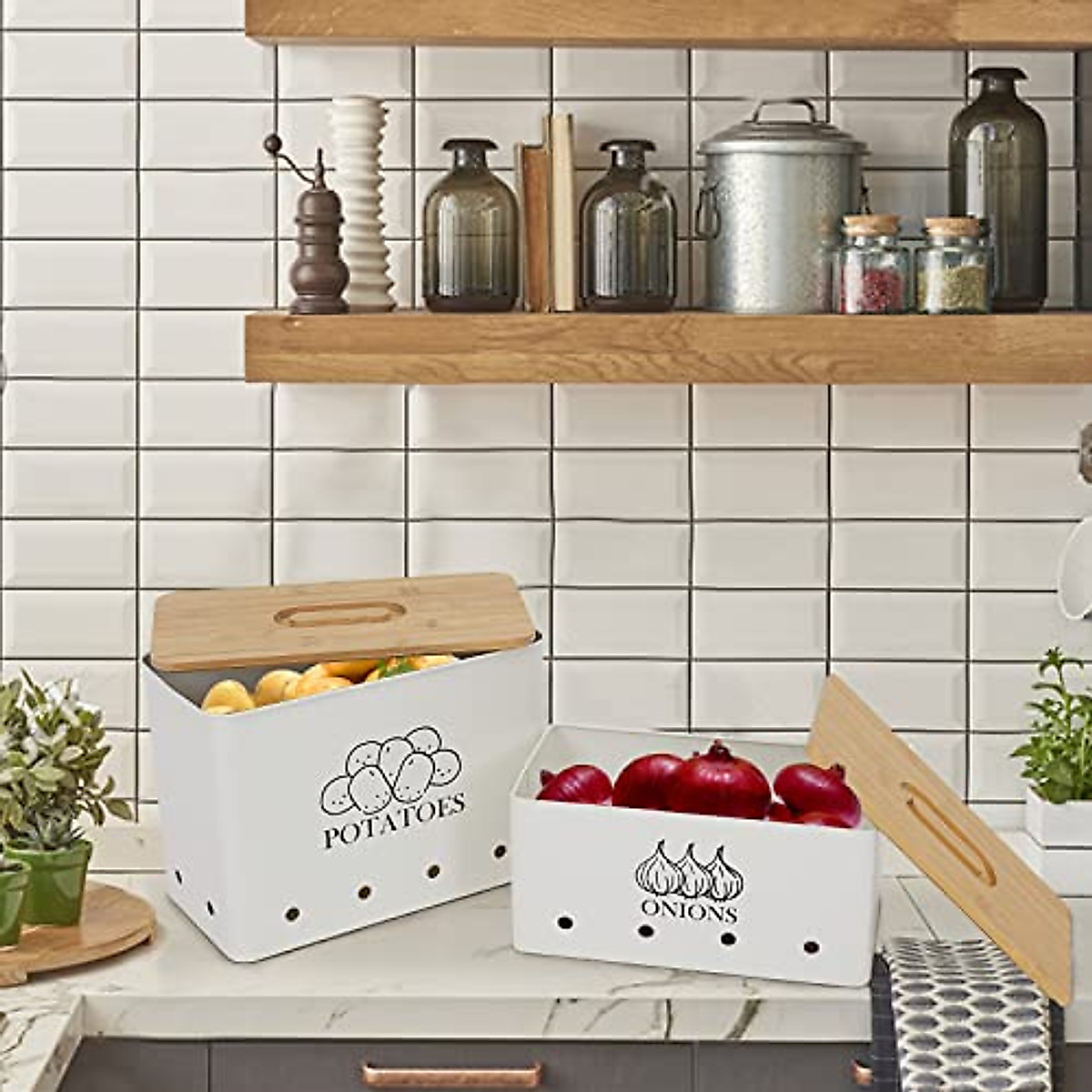 Gdfjiy Potato Onion Kitchen Storage Canisters,Storage Bin For Kitchen 2 Pack Set,potatoe, Potato Storage Box，storage And Long Shelf Life With Aerating Tin Storage Holes-white