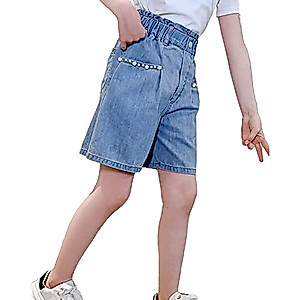 Aislor Kids Girls Fishtail Embroidery Pearls Ruffle Waist Denim Shorts Distressed Jean Shorts Hot Pants with Pockets Light Blue 11-12 Years