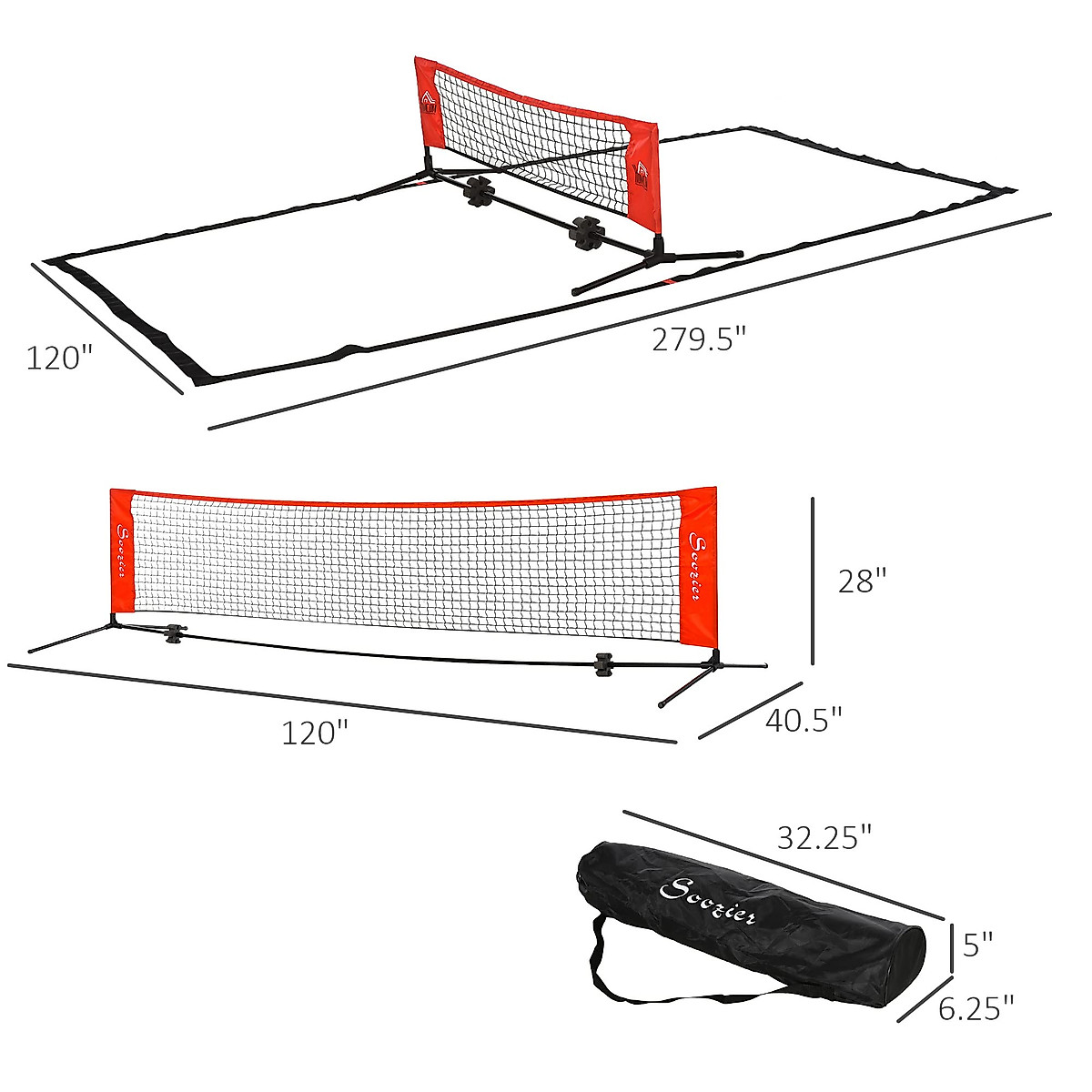 Soozier 10ft Portable Soccer Tennis/Pickleball/Badminton/Mini Tennis Net w/Sideline for Training with Included Storage Bag, Red