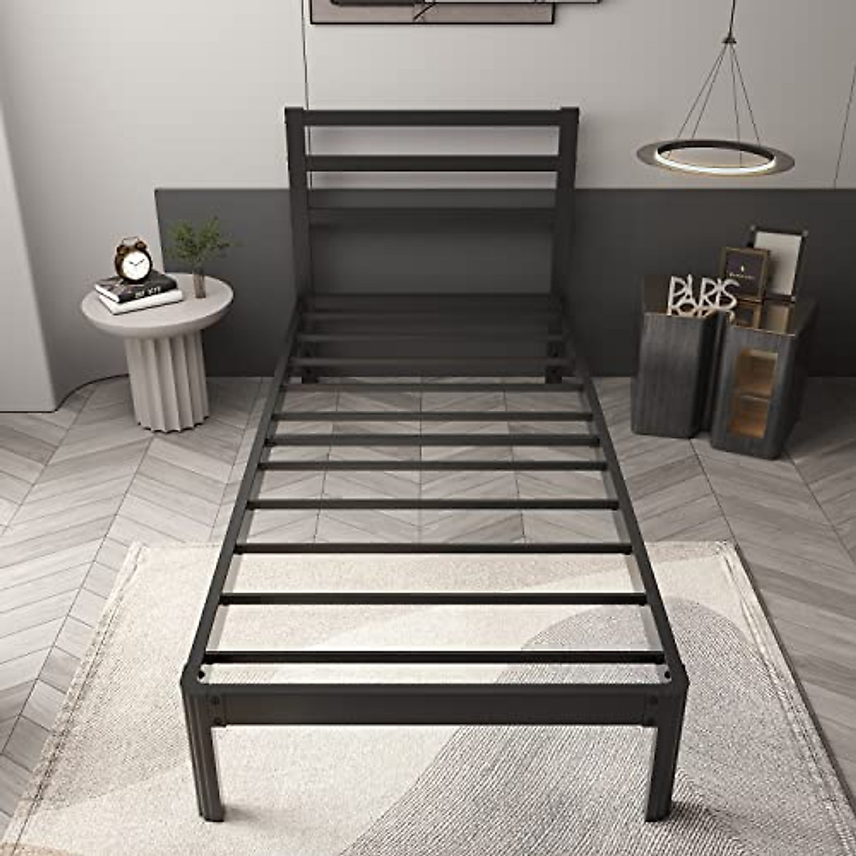 Woozuro Twin Bed Frames and Non Slip Mattress Stoppers, No Box Spring Needed, 14" Metal Platform Bed Frame, Heavy Duty Steel Slats Support, Noise Free Mattress Foundation,Black